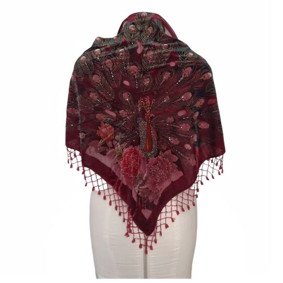 Vintage | Accessories | Bohemian Vintage Triangular Velvet Scarf Beaded ...